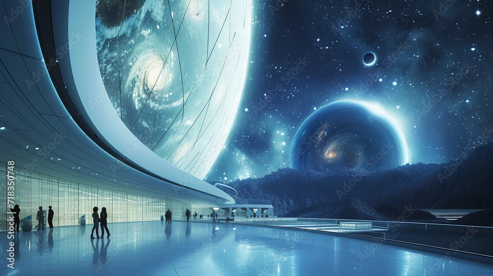 futuristic planetarium, with sleek, white, curved walls and large ...