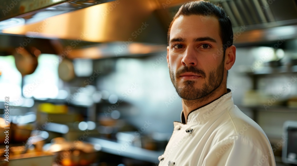 A determined man in a crisp chef's uniform stands in front of a vibrant ...