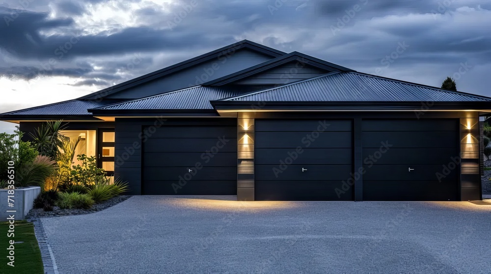 Modern and luxurious double garage with driveway and roller door Stock ...