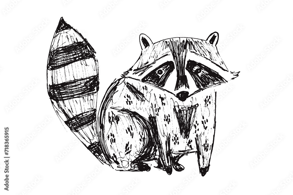 Cute black hand drawn sketch raccoon illustration. Childish drawing ...