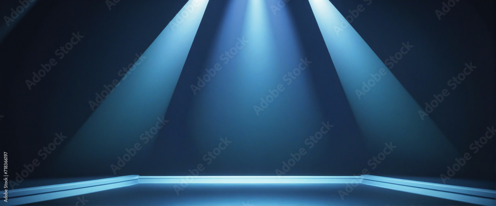 Dark blue background glowing light blue ray spotlight stage studio ...