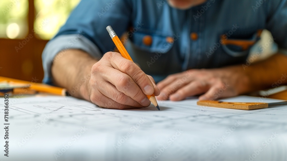 Architect drawing with ruler on house plan blueprint paper for repair ...