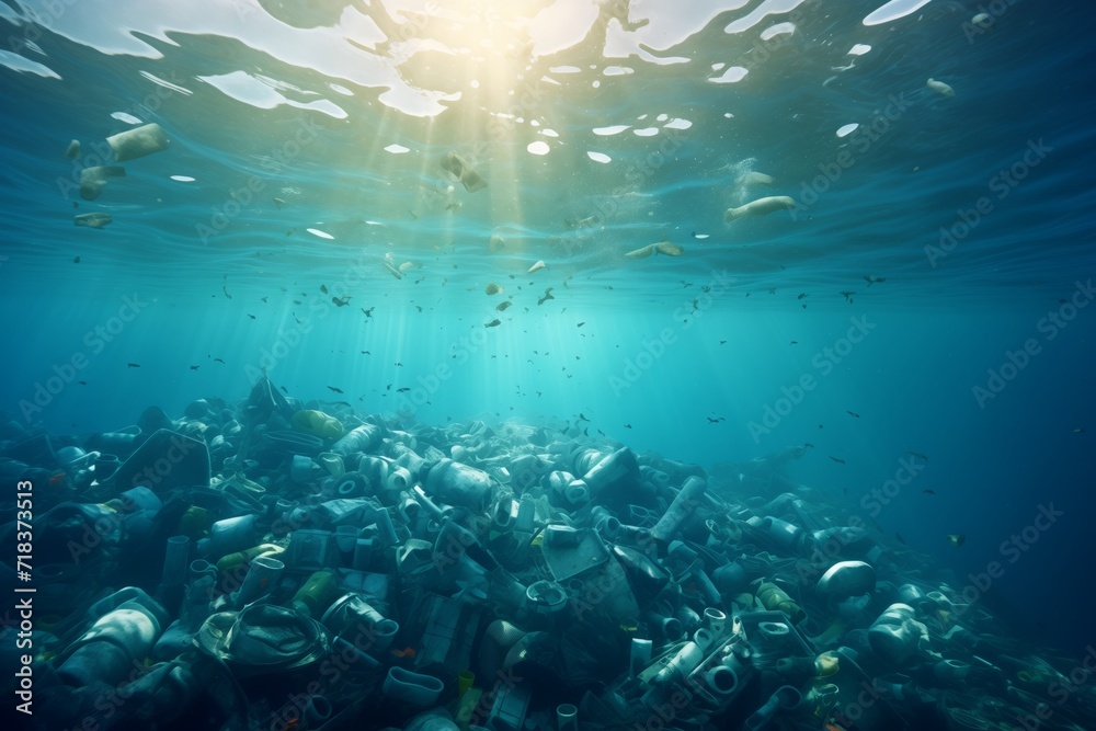 Ocean Pollution, Plastic Bottles Float on Giant Sea, Underwater Scene ...