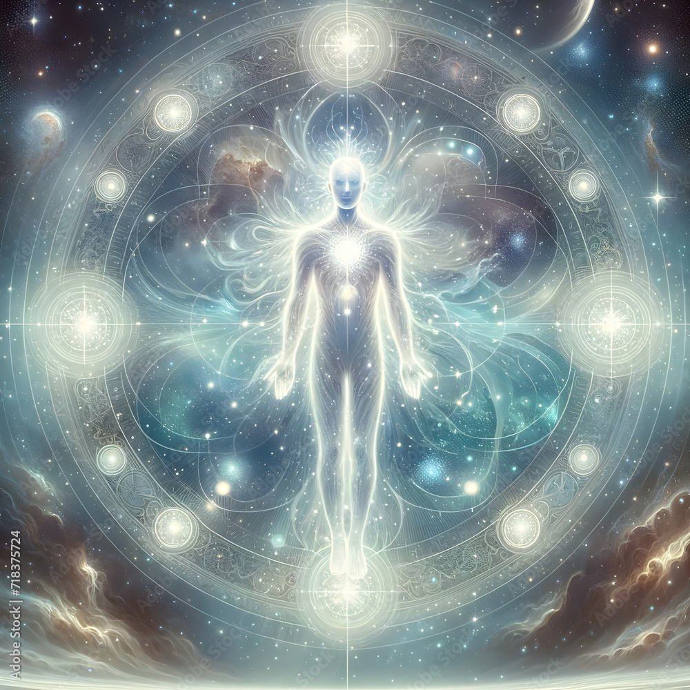 Mystical Cosmic Being Radiating Light in Celestial Zodiac Chart ...