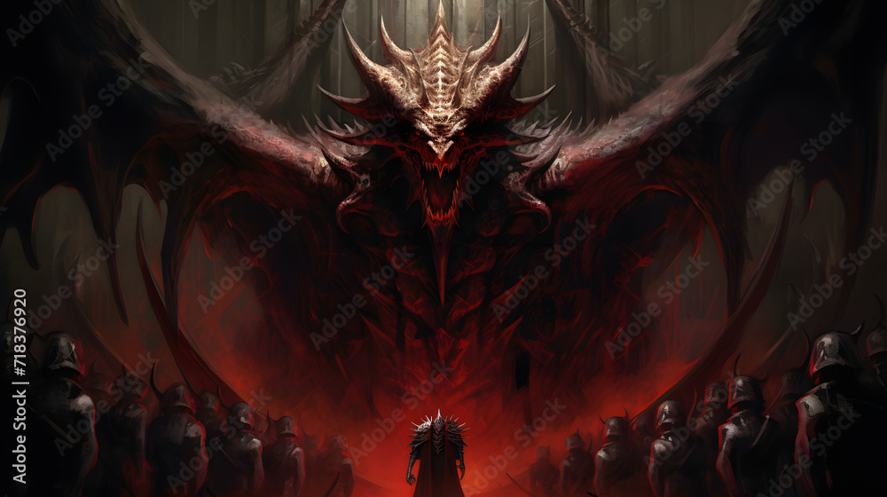 enormous red dragon with seven heads, ten horns, and seven crowns on ...