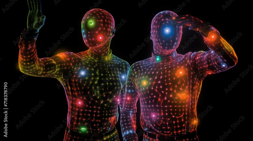 Two human figures with bodies illuminated by a vibrant spectrum of ...