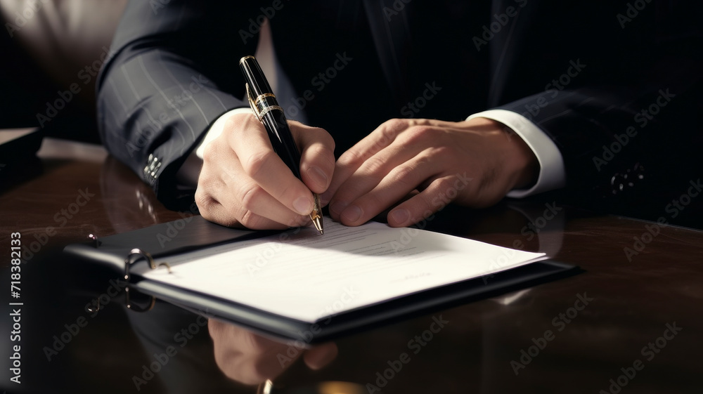 Contract signing. In the soft glow of ambient light, a professional ...