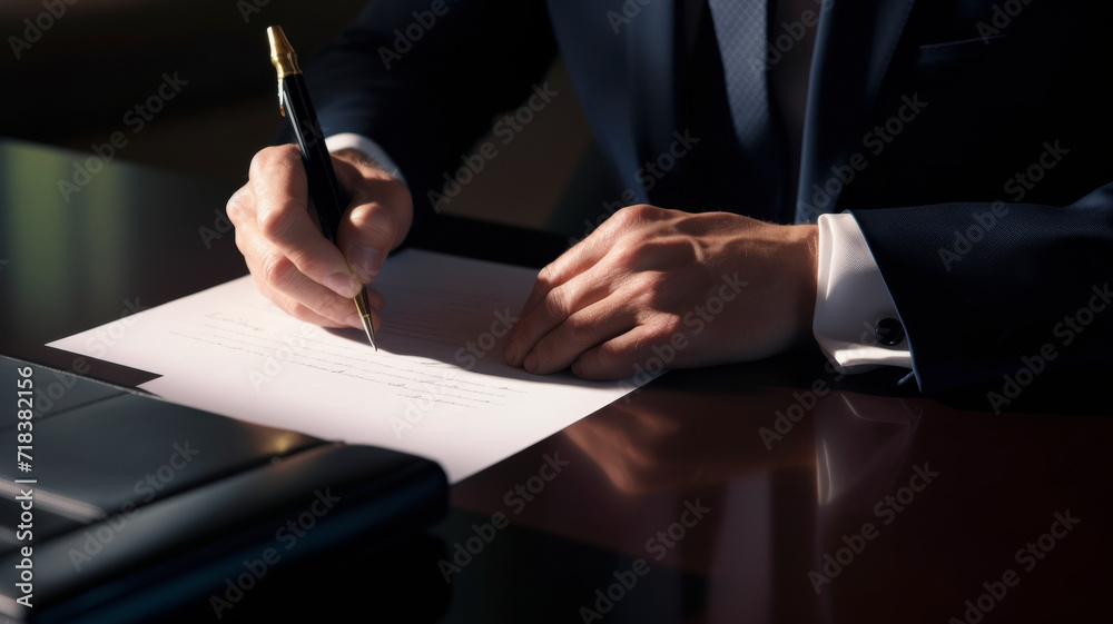Contract signing. In the soft glow of ambient light, a professional ...