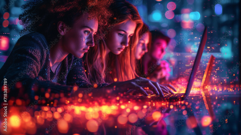 Diverse group of friends or co workers working together on business project behind laptop ...