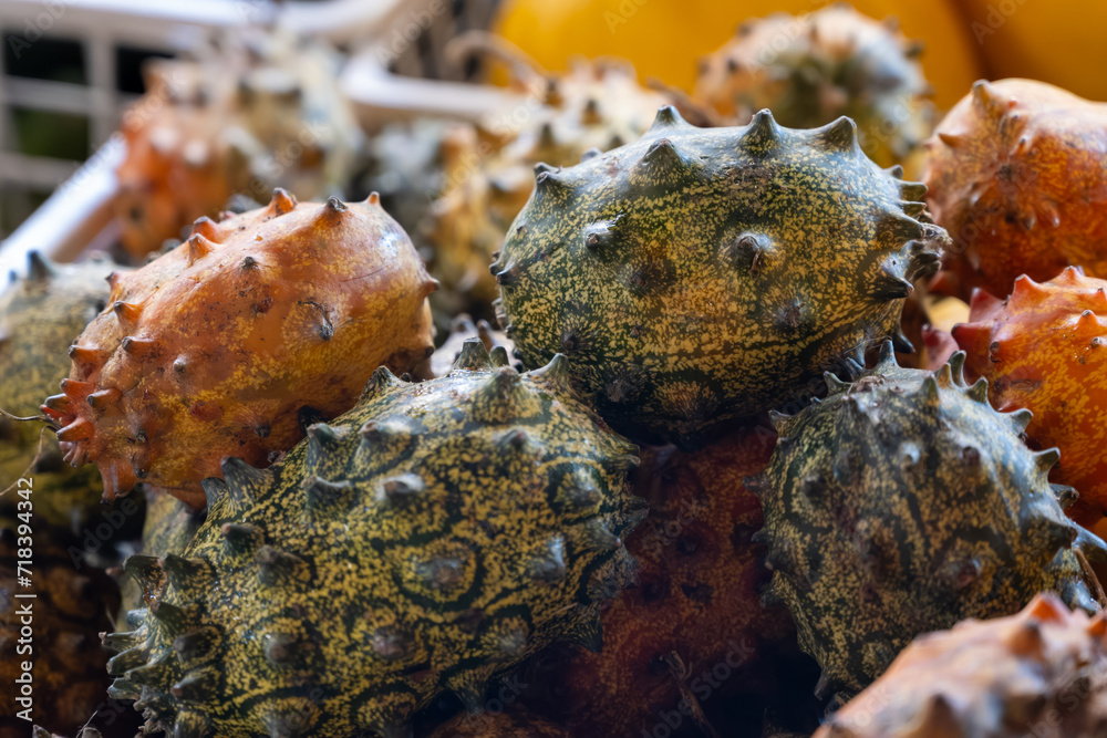 Kiwano tropical fruit, African horned cucumber, horned melon, spiked ...