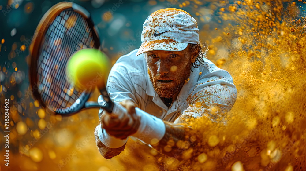 A portrait of a tennis player in a dynamic position of take off ...