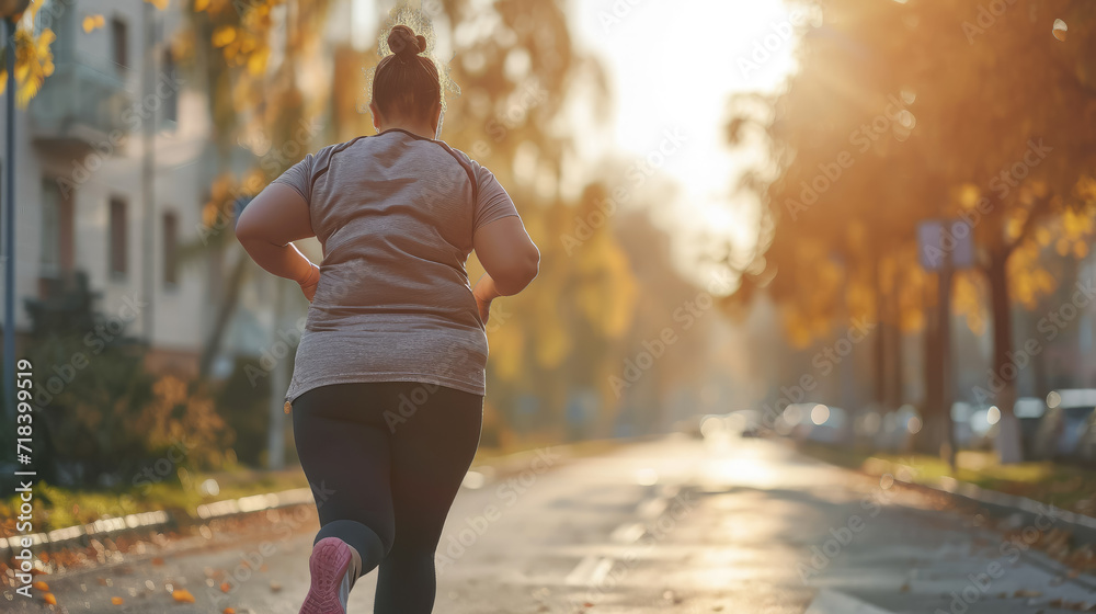 beautiful overweight girl in sportswear on a morning jog in the park ...