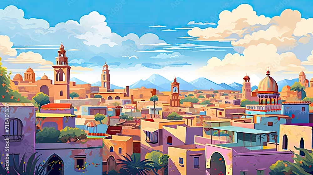 cartoon illustration Vibrant city with historic palaces and gardens ...