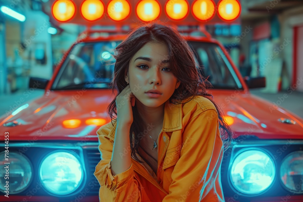 Young beautiful girl model posing near a car in a garage with ...
