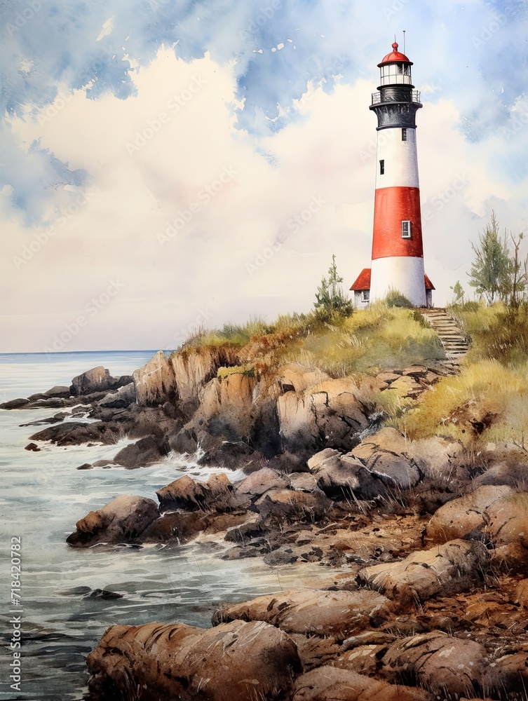 Vintage Coastal New England Lighthouses Painting: Captivating Historic ...