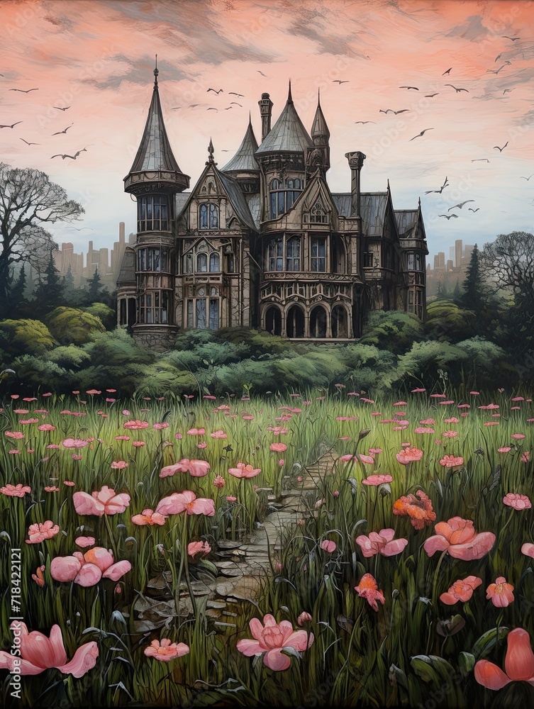 Gothic Victorian Mansion: Overlooking Quiet Meadow Field Painting Stock ...