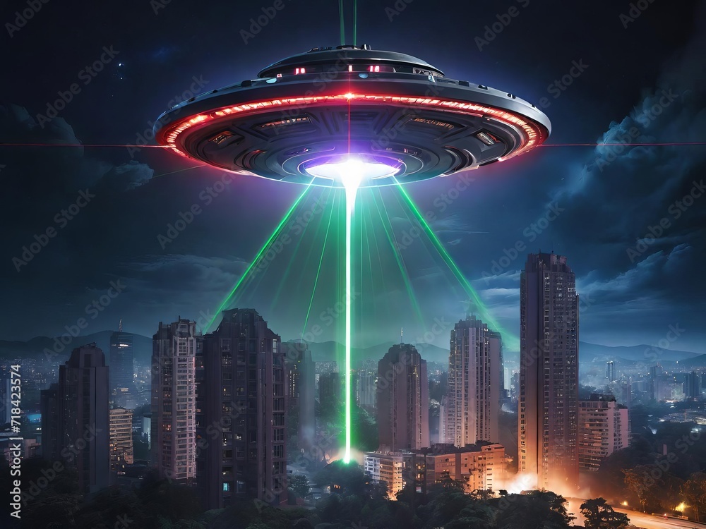 UFO with radiant beams of light descending upon a cityscape during the ...