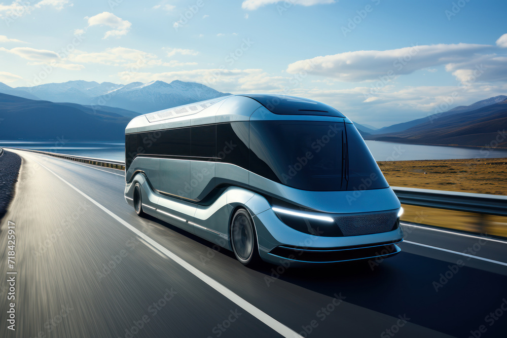 A futuristic hydrogen-powered vehicle on a sleek road, illustrating the ...