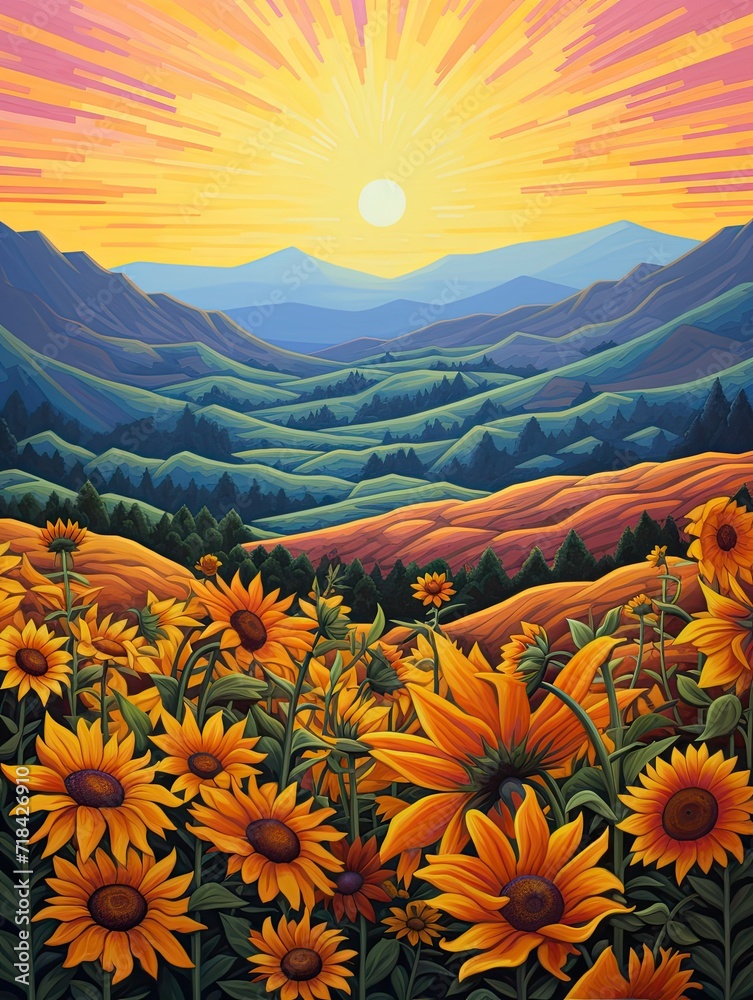 Sunflower Fields at Dawn: Stunning Valley Landscape with Rolling ...