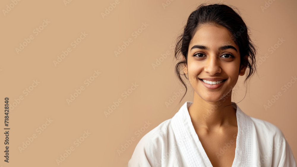 Indian woman in bathrobes, female body care and pampering in hotel spa ...