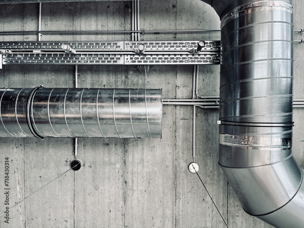 The image shows a metal ventilation duct system on a concrete wall. It ...