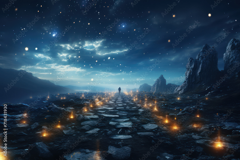 Pixelated footsteps forming a path across a digital landscape ...