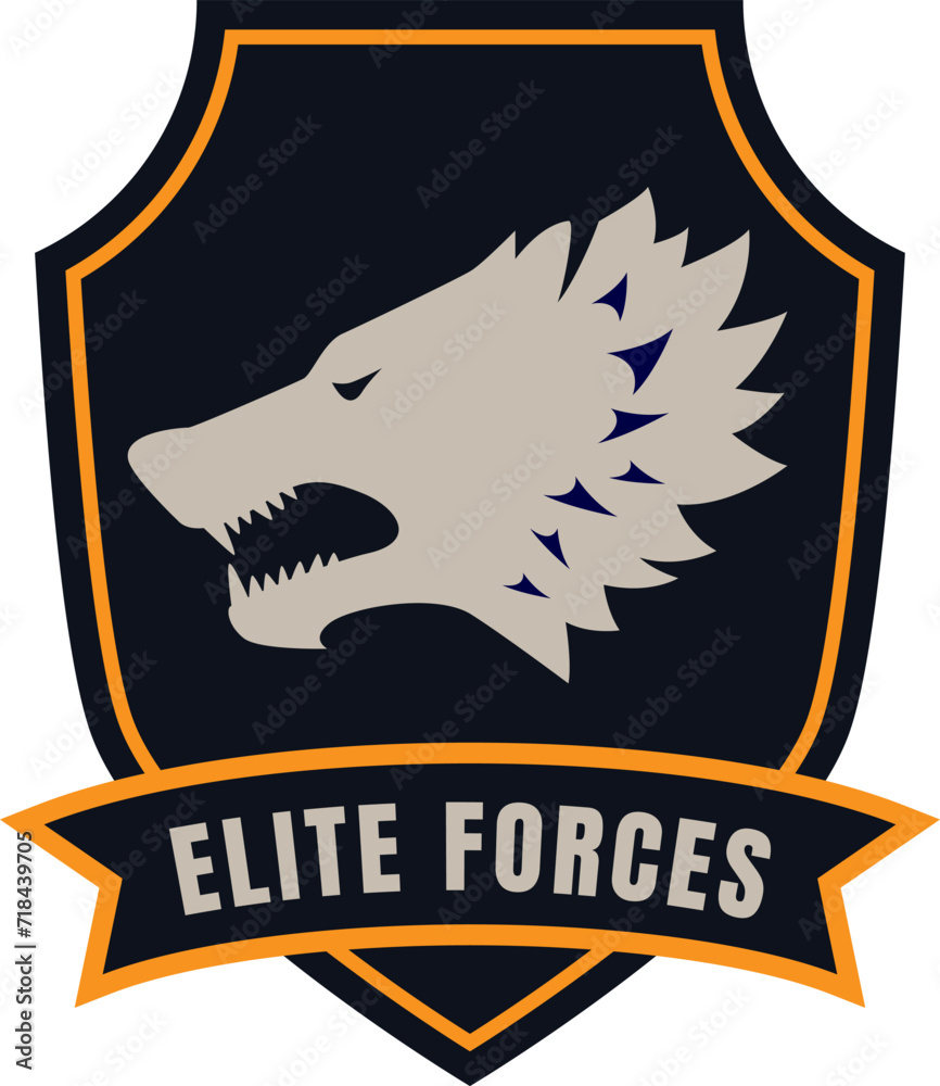 Military emblem with wolf head on shield and Elite Forces text. Bold ...