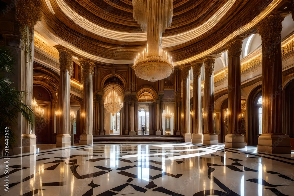 A majestic palatial entry hall featuring a grand staircase, marble ...