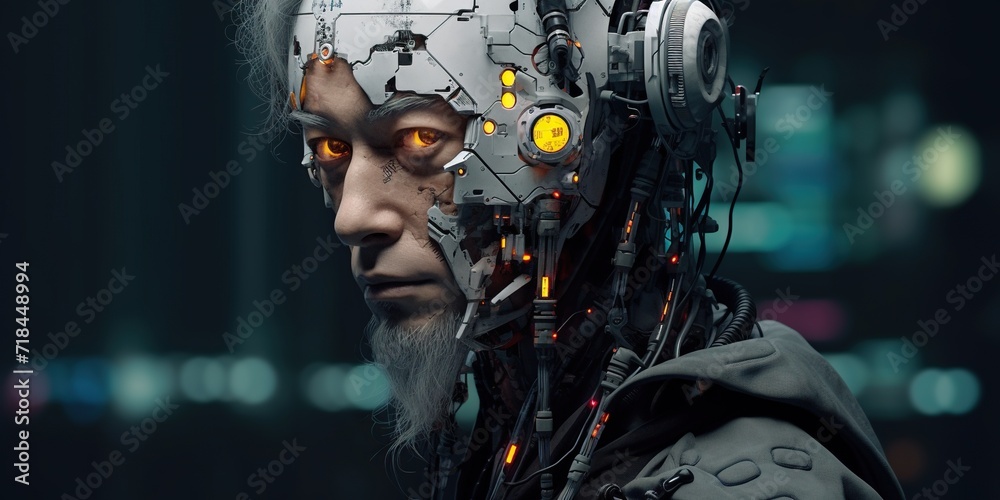 The face of artificial intelligence with blue light and green lines in ...