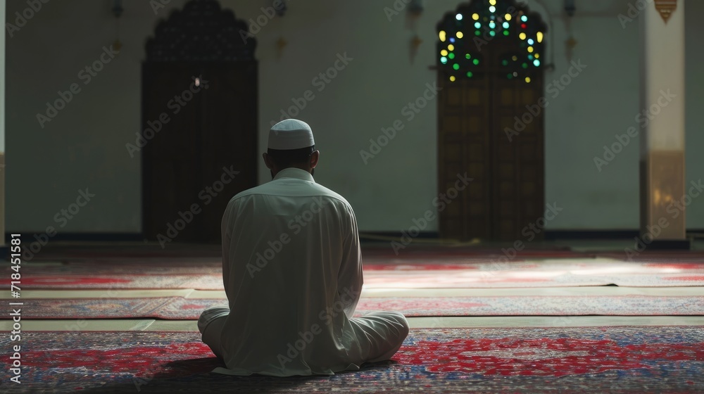 Muslim man sitting on a beautiful mosque looks back for praying and ...