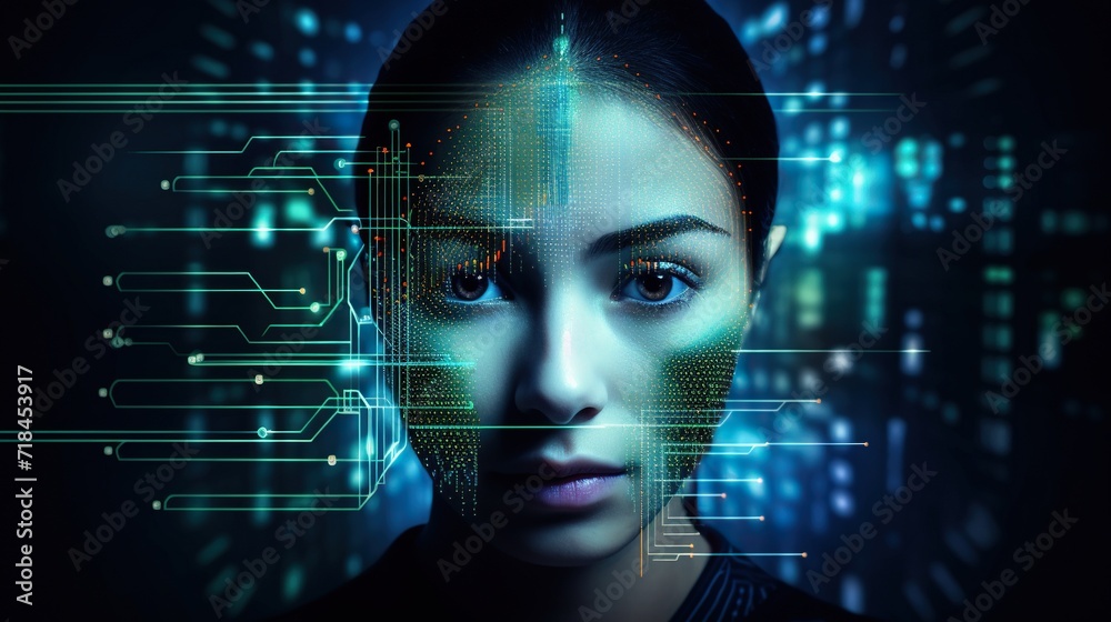 The face of artificial intelligence with blue light and green lines in ...