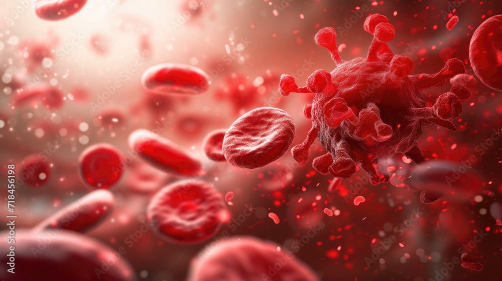 Red blood cells and a viral particle, indicating infection or disease ...