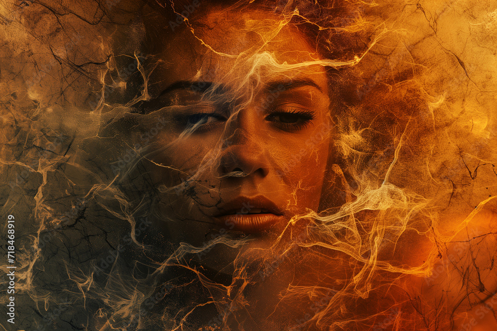 underwater portrait. Fire and Water. Cracked porcelain mask, water ...