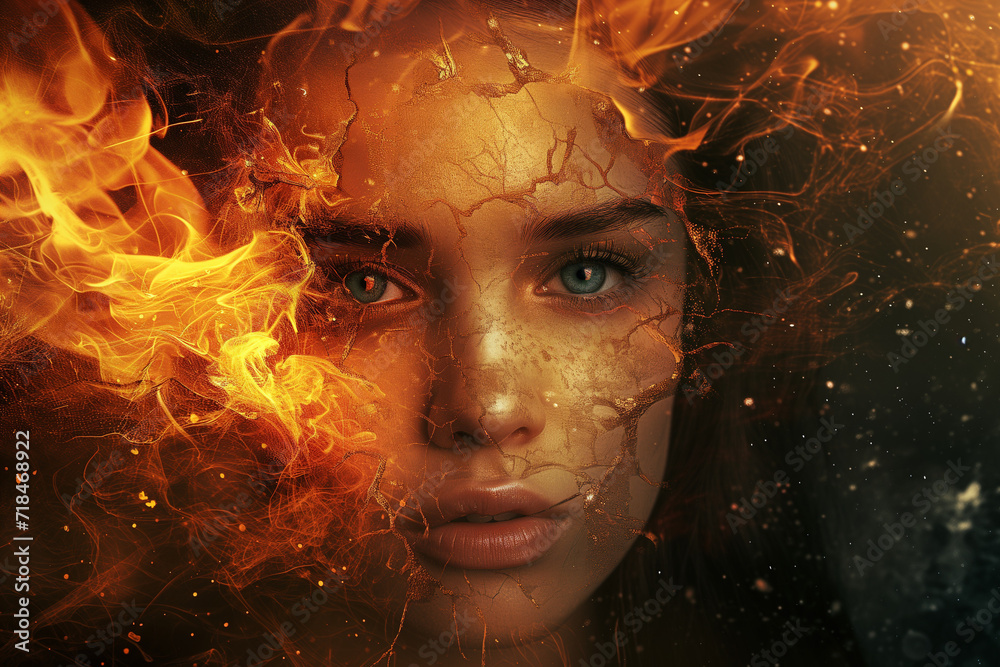 underwater portrait. Fire and Water. Cracked porcelain mask, water ...