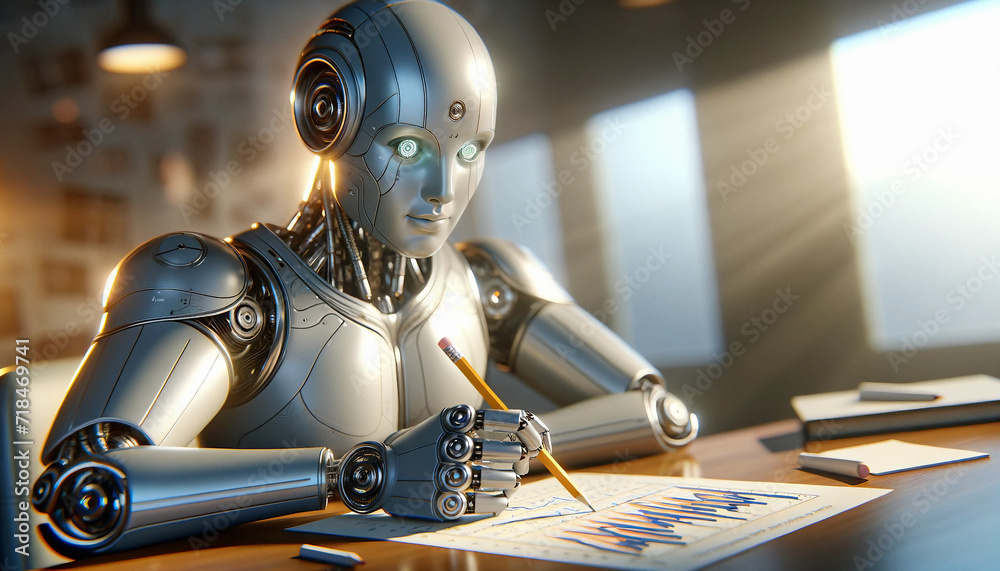 Robot Analyzing Data and Writing Notes. Uturistic robot with human-like ...