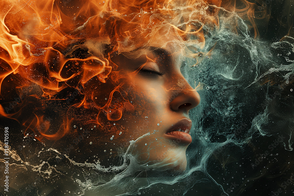 underwater portrait. Fire and Water. Cracked porcelain mask, water ...