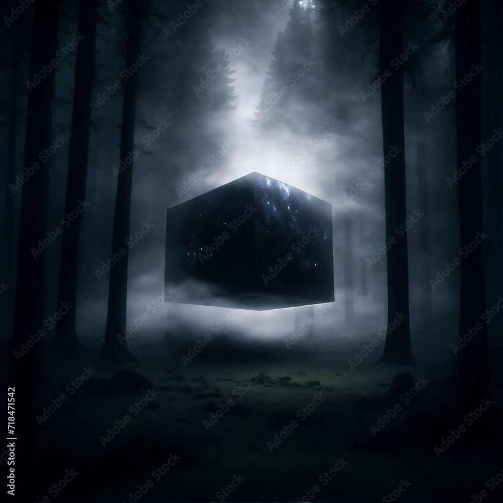 strange dark and ominous cube shape with lights on it standing alone in ...