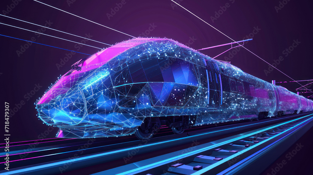 Digital low poly wireframe futuristic high-speed train. Future logistics modern technology ...