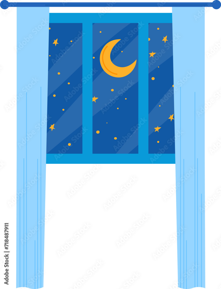 Night window view with crescent moon and stars in sky. Peaceful night ...