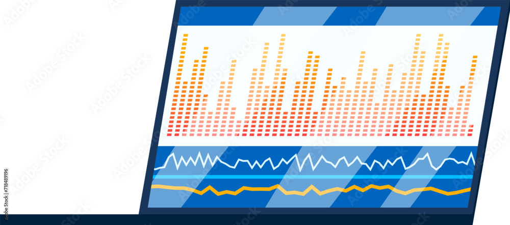 Laptop screen displaying colorful data analysis, charts, and graphs ...