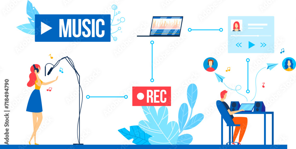 Female singer recording song with male producer in studio. Cartoon ...