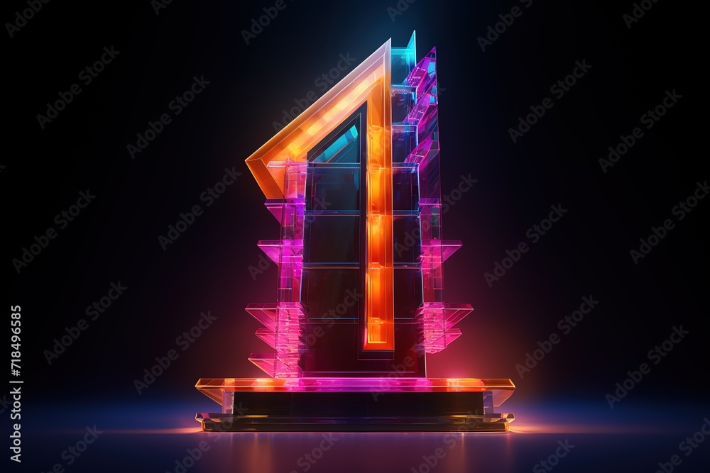 3d rendering, pink blue neon number one, isolated on dark blue ...
