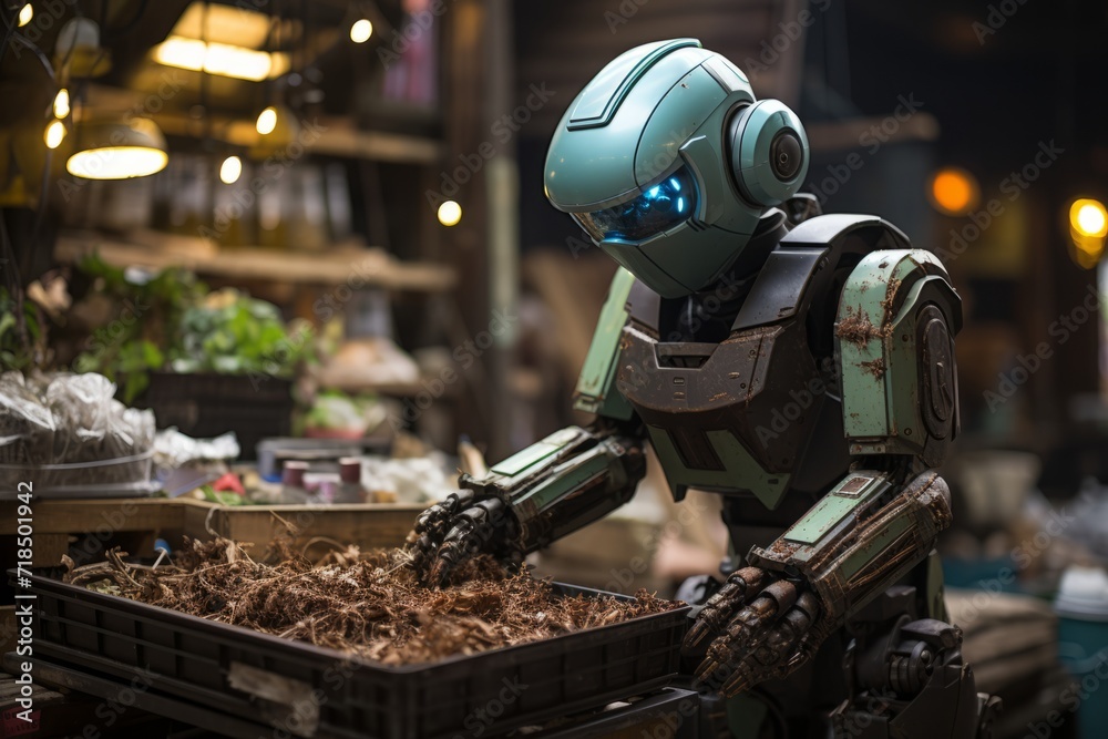 AI-controlled waste disposal robot sorting recyclables in a smart city ...