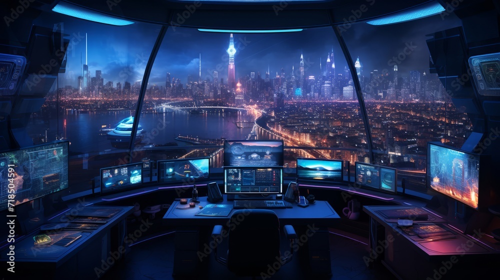 Cyberpunk command center with neon outlines and data streams ...