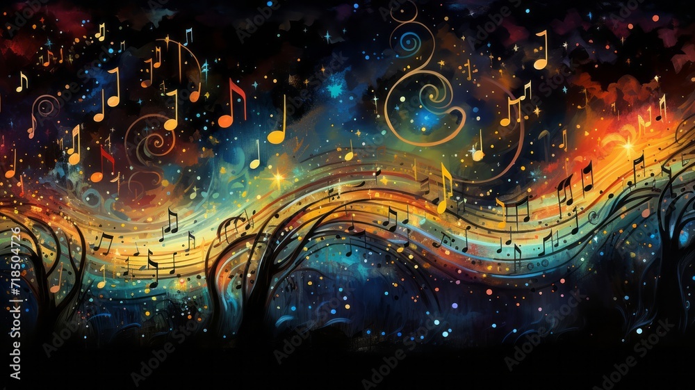 An abstract space where musical notes form a galaxy spiral, stars ...
