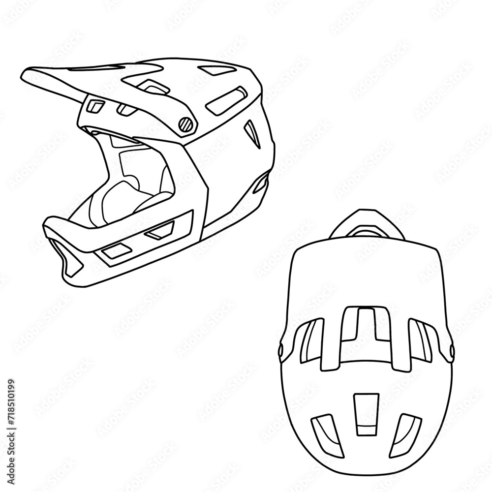 Technical sketch drawing of mountain bike helmet line art, top, and ...