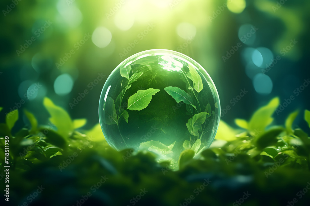 Earth Day concept, environmental green sphere background with leaves ...