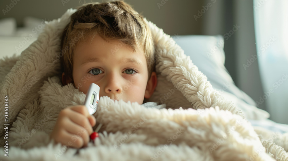 Sick boy with thermometer laying in bed. Sick son who has thermometer ...