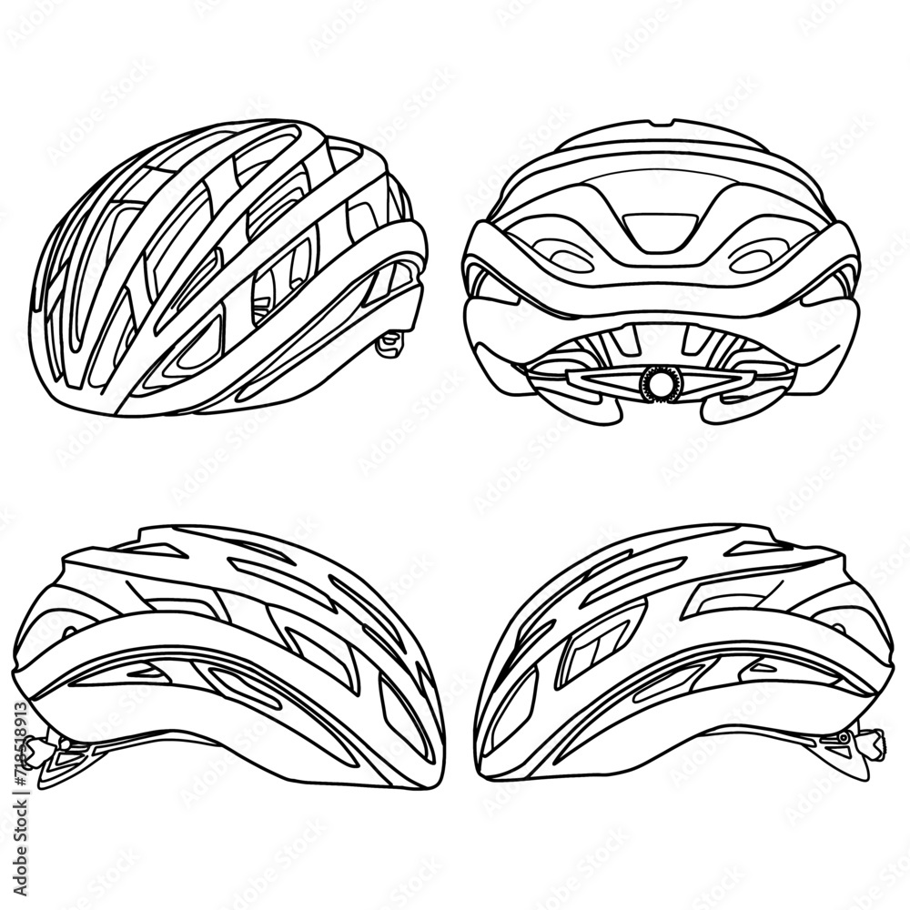 Technical sketch drawing of cycling helmet line art, front, back, and ...