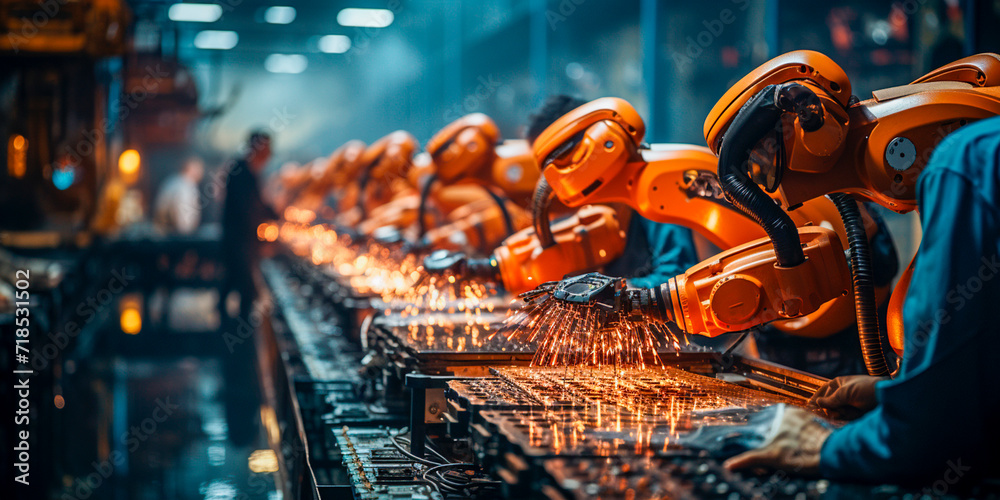 Factory workers operate robots on an assembly line. People control and ...